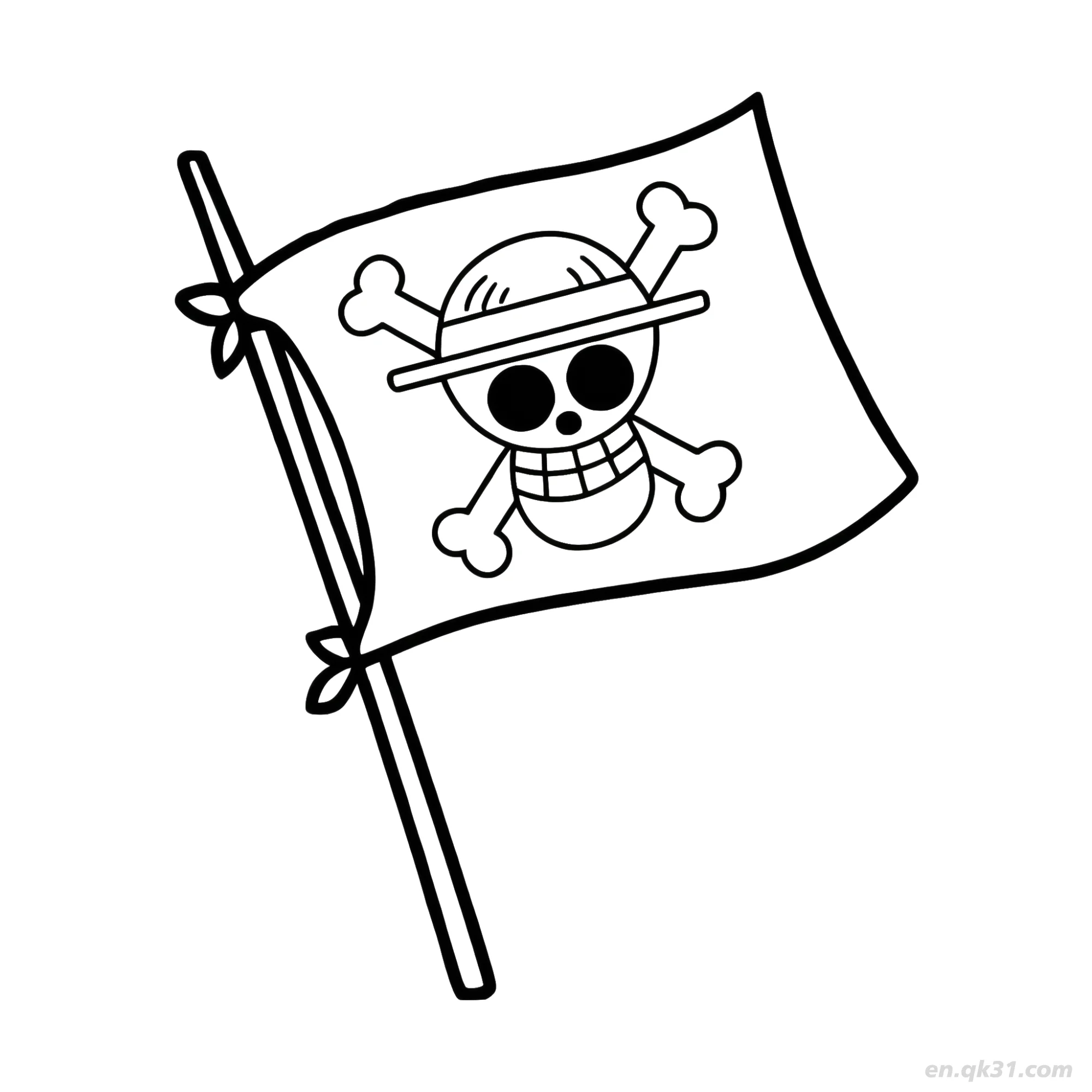 Straw Hat Pirates Flag Skull Waving One Piece Coloring 儿童、素描、简笔画 | 飞鸭