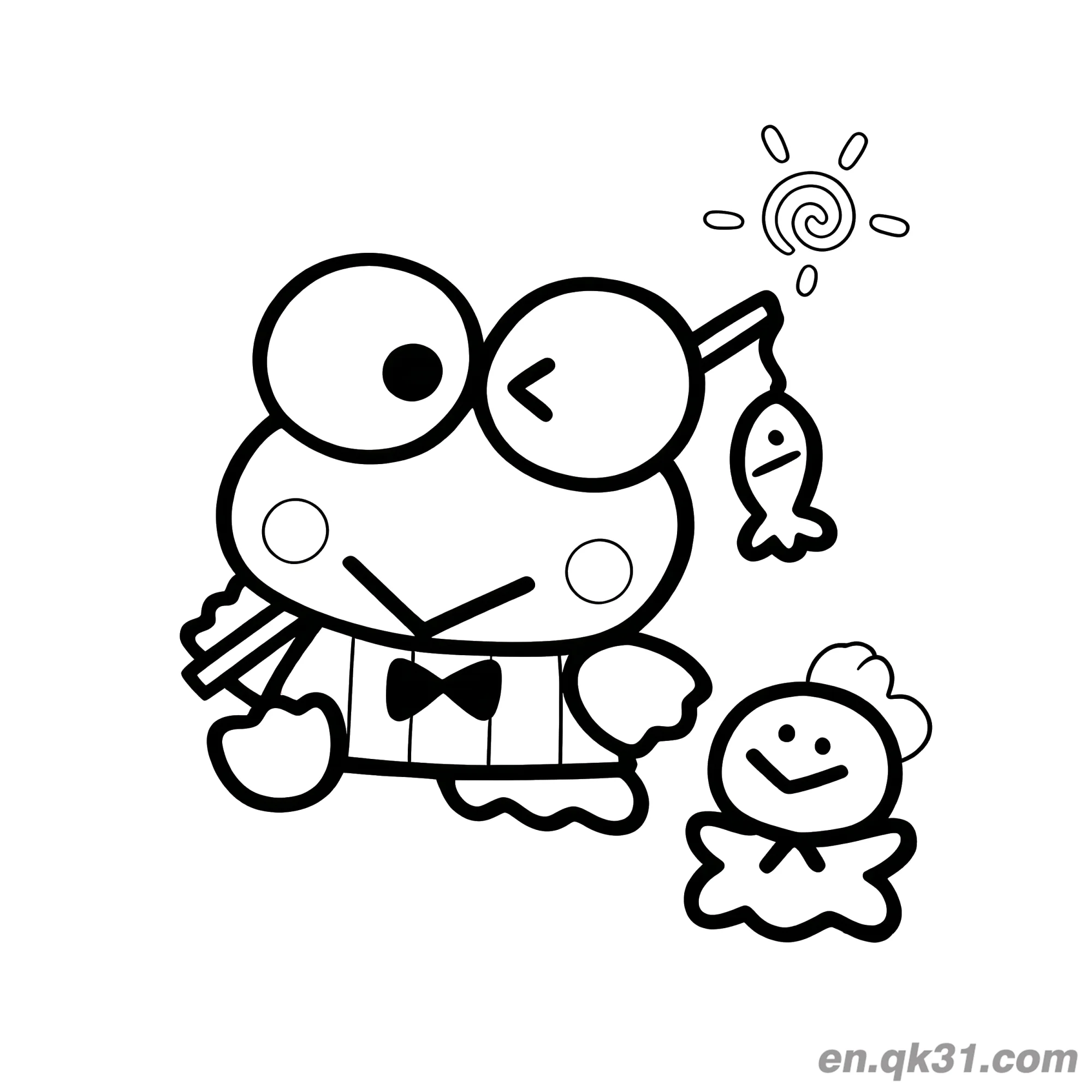 Keroppi Fishing with Caught Fish Coloring Page | QuickDuck